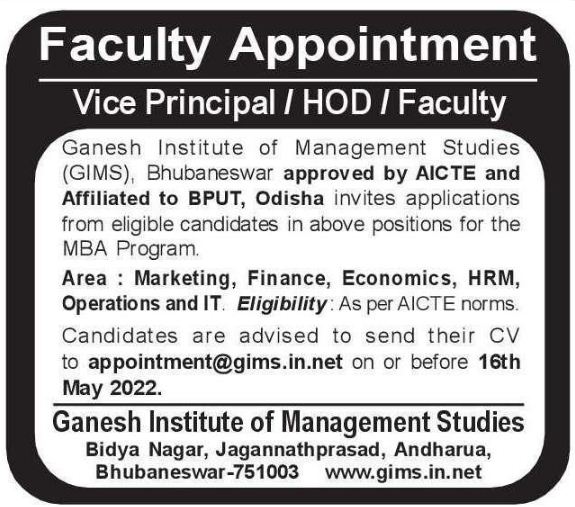 Ganesh Institute of Management Studies , Bhubaneswar, Wanted Vice Principal, HOD, Faculty ...