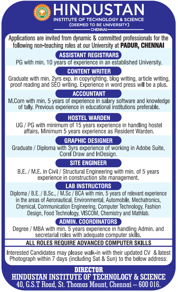 Hindustan Institute of Technology & Science, Chennai Wanted Non-Teaching Staff | FacultyPlus