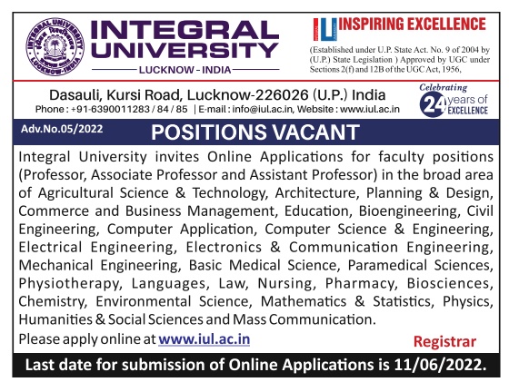 Integral University, Lucknow Wanted Professor/Associate Professor ... Integral University, Lucknow Wanted Professor/Associate Professor ...