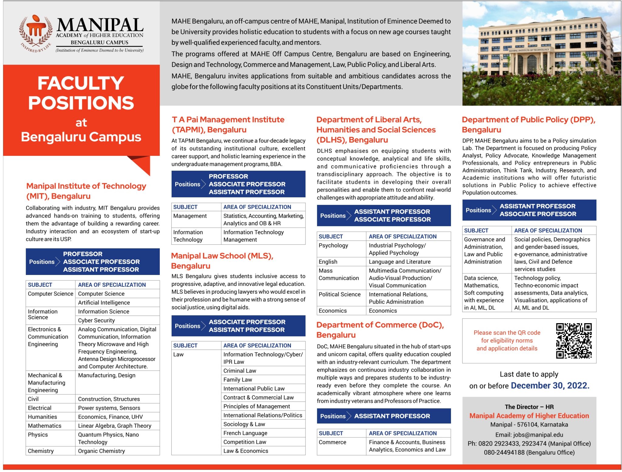 Manipal Academy of Higher Education, Bengaluru Campus , Wanted ...