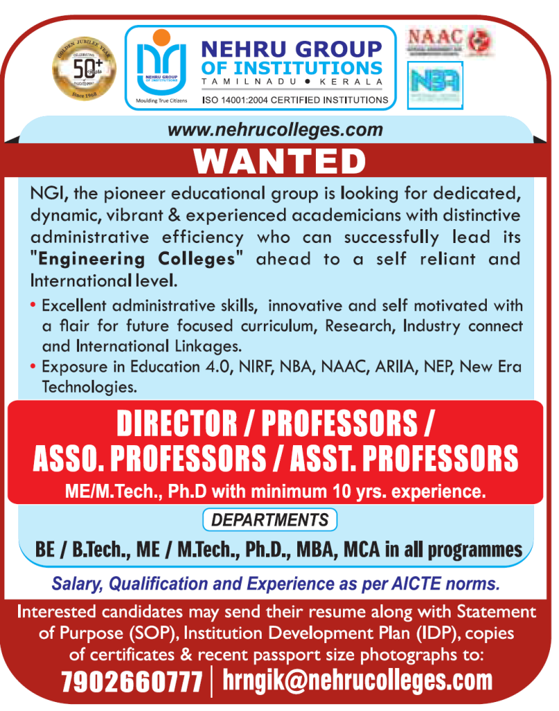 Nehru Group of Institutions, Tamil Nadu & Kerala Wanted Director/ Professor/ Associate Professor ...
