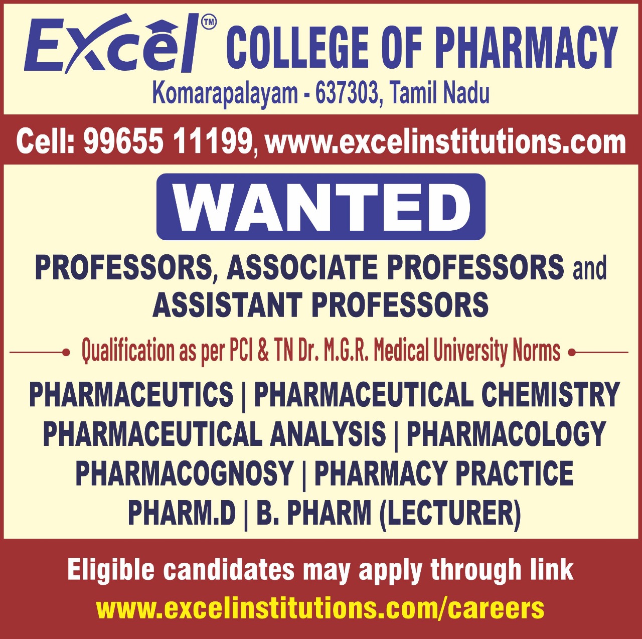 Excel College of Pharmacy, Namakkal, Wanted Professor, Associate ... Excel College of Pharmacy, Namakkal, Wanted Professor, Associate ...