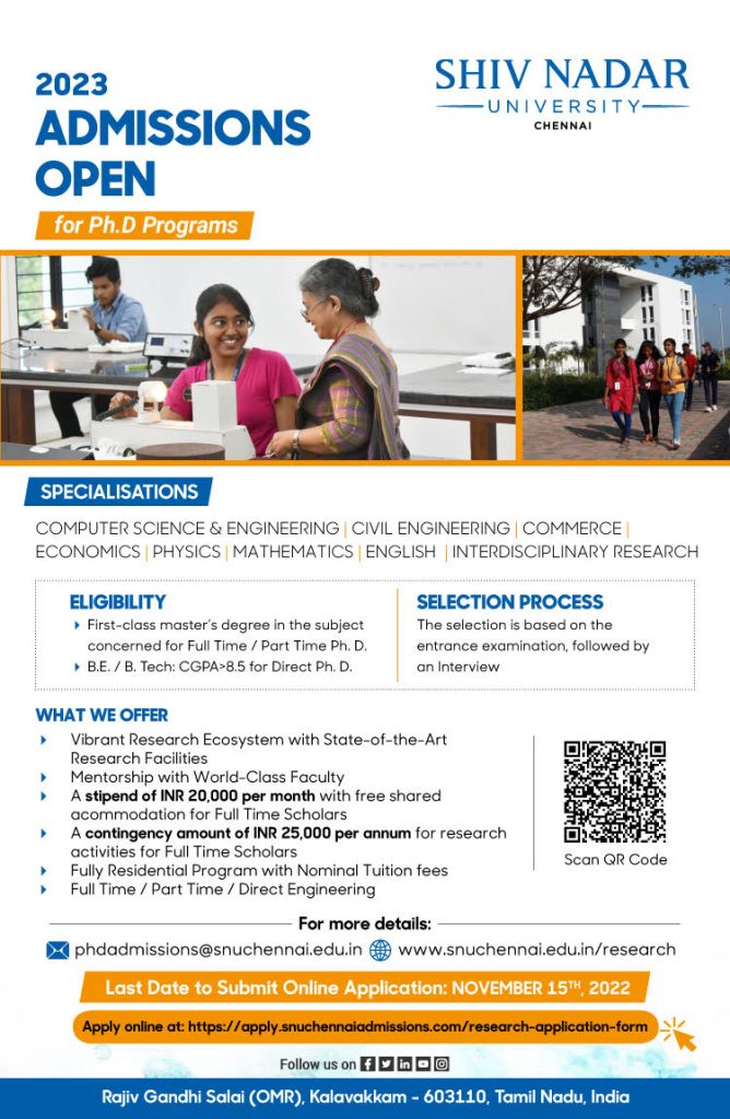 Shiv Nadar University Chennai- 2022 Admissions Open for Ph.D Programs | FacultyPlus