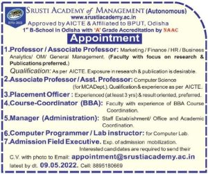 Srusti Academy of Management, Bhubaneswar Wanted Professor/ Associate ...