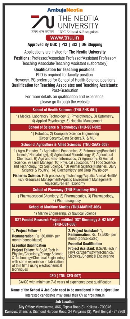 The Neotia University, Sarisha, West Bengal, Wanted Professor ...