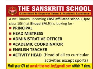 The Sanskriti School, Bhopal Wanted Principal/Head Mistress/Non-Teaching Jobs | FacultyPlus
