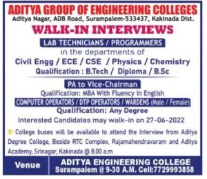 Non-Teaching Jobs at Aditya Group of Engineering Colleges, Kakinada | FacultyPlus