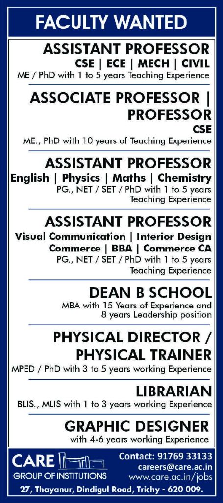 Teaching Jobs/Non-Teaching Jobs at Care Group of Institutions, Trichy | FacultyPlus