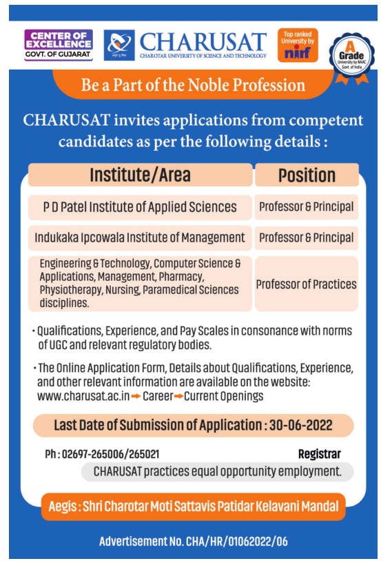 Charusat Charotar University of Science and Technology, Gujarat Wanted Principal and Professor ...