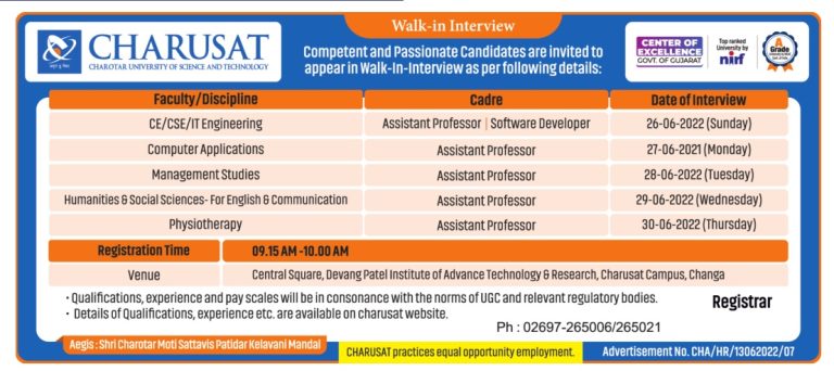 CHARUSAT Campus, Changa Wanted Assistant Professor/Software Developer (Walk-in interview ...