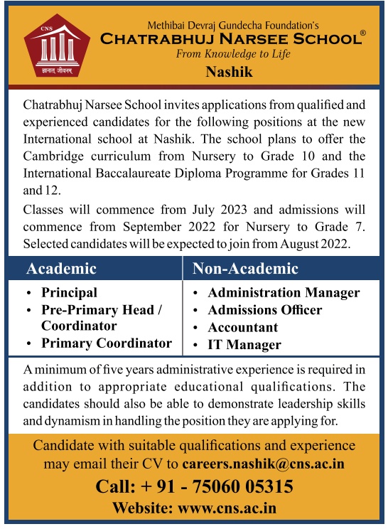 MDGF Chatrabhuj Narsee School, Nashik, Wanted Principal, Pre Primary Head/ Co ordinator ...