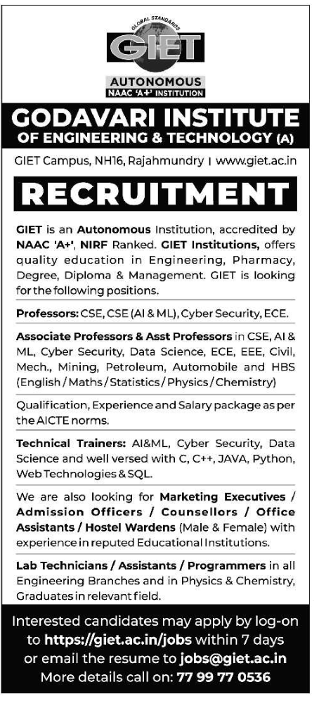 Godavari Institute of Engineering and Technology, Rajahmundry Wanted Professor/Associate ...