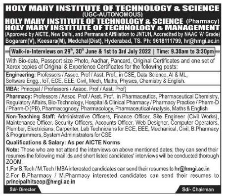 Teaching Jobs/Non-Teaching Jobs at Holy Mary Institute of Technology and Science, Hyderabad ...