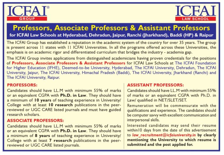 Faculty Recruitment 2022 at ICFAI Law School, Hyderabad, Dehradun ...