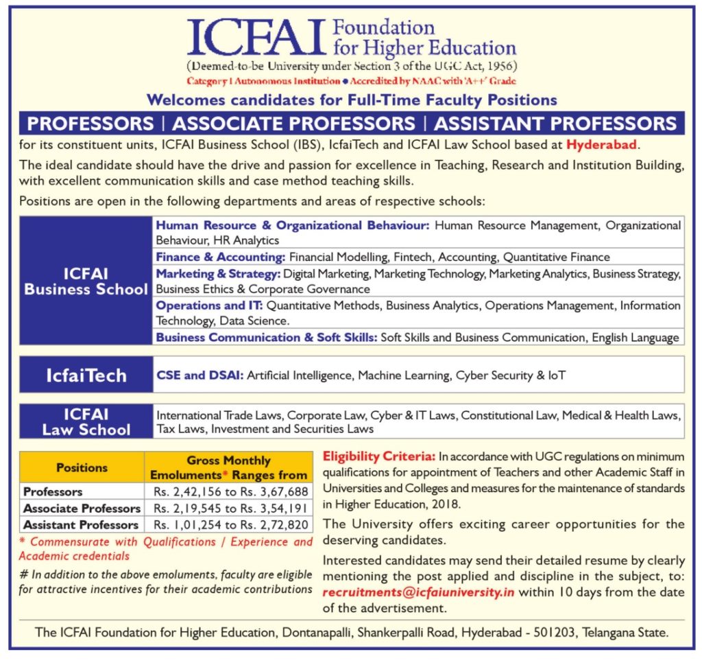 ICFAI Foundation for Higher Education, Hyderabad Wanted Professor/ Associate Professor ...