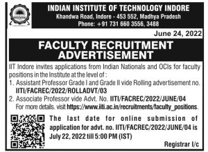 Indian Institute of Technology Indore, Indore Wanted Assistant Professor/ Associate Professor ...