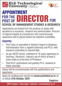 KLE Technological University, Hubballi, Wanted Director | FacultyPlus