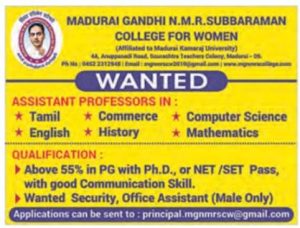 Madurai Gandhi N.M.R. Subbaraman College for Women, Madurai Wanted Assistant Professor | FacultyPlus