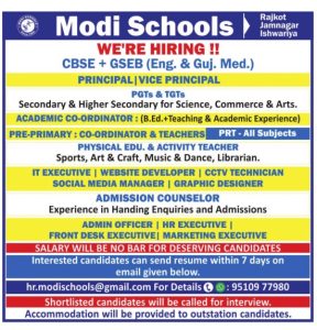 Modi Schools, Rajkot/ Jamnagar/ Ishwariya Wanted Teachers and Non ...