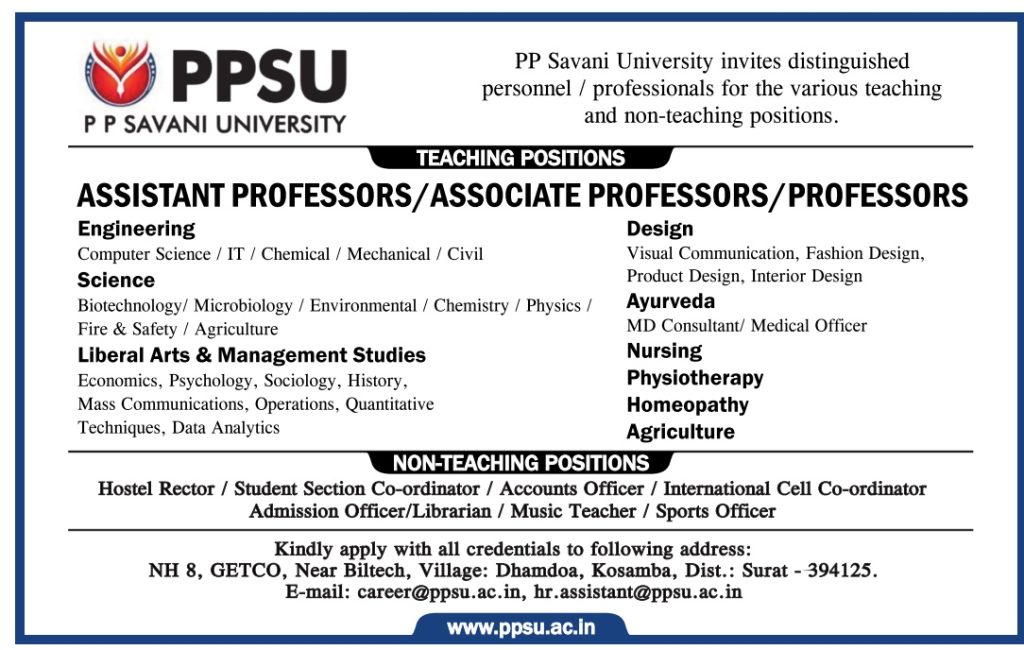 PP Savani University, Surat, Wanted Assistant Professor, Associate ...
