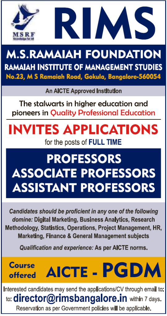 Ramaiah Institute of Management Studies, Bengaluru Wanted Professor/Associate Professor ...