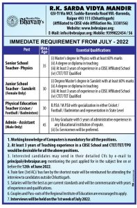 Bharatiya Vidya Bhavan’s R. K. Sarda Vidya Mandir, Raipur Wanted ...