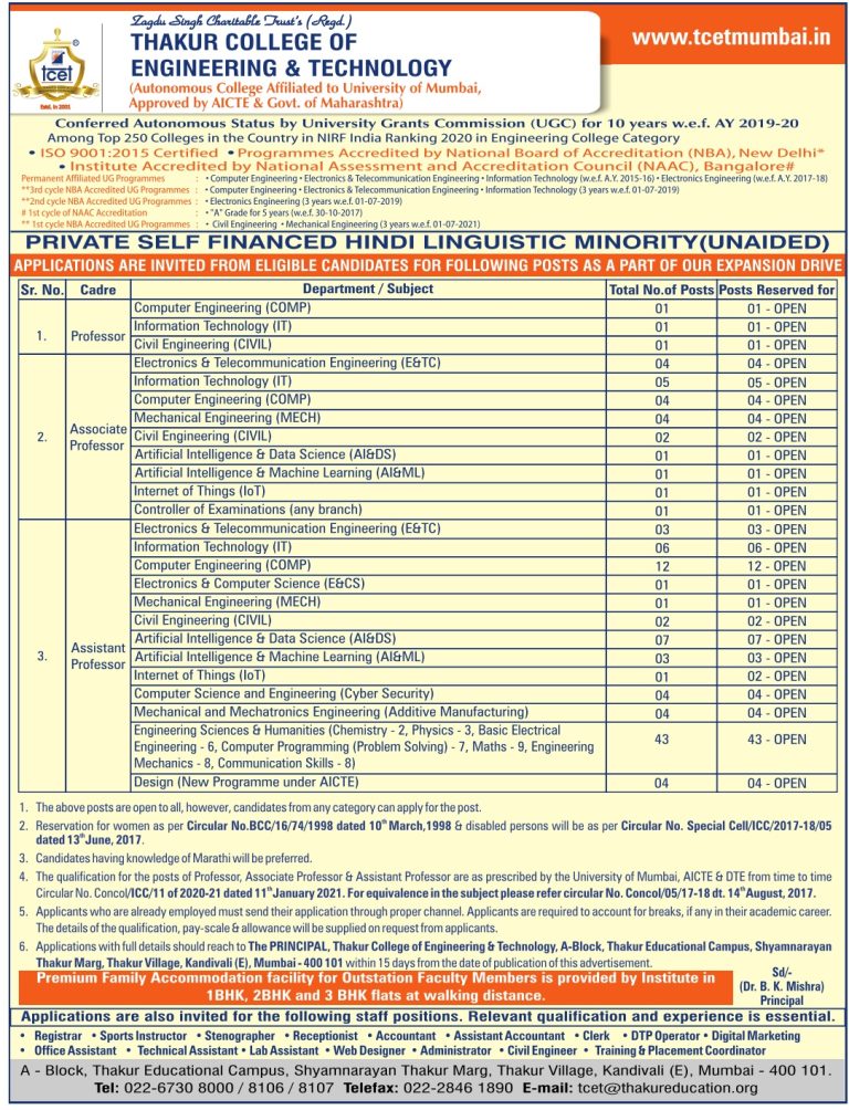 Thakur College of Engineering & Technology, Mumbai, Wanted Professor, Associate Professor ...