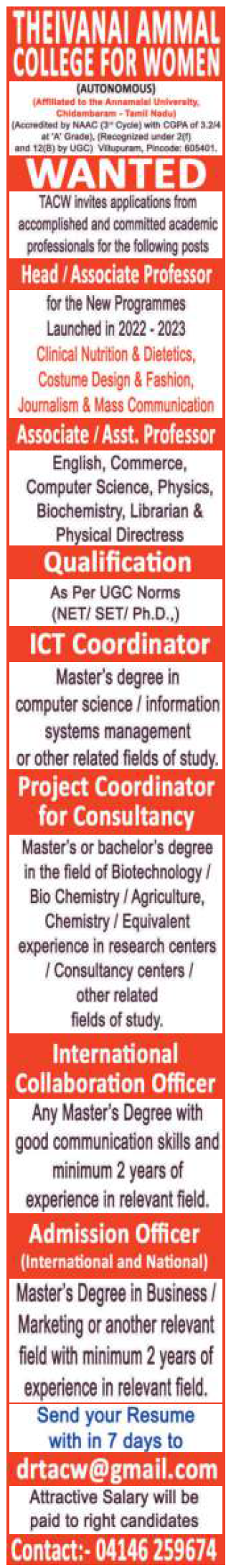 Theivanai Ammal College for Women, Villupuram Wanted Head/Associate ...