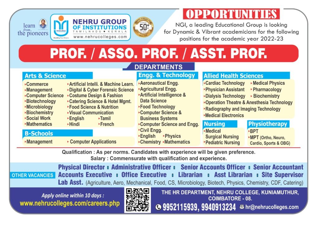 Nehru Group of Institutions, Coimbatore Wanted Professor/Associate Professor/Assistant Professor ...