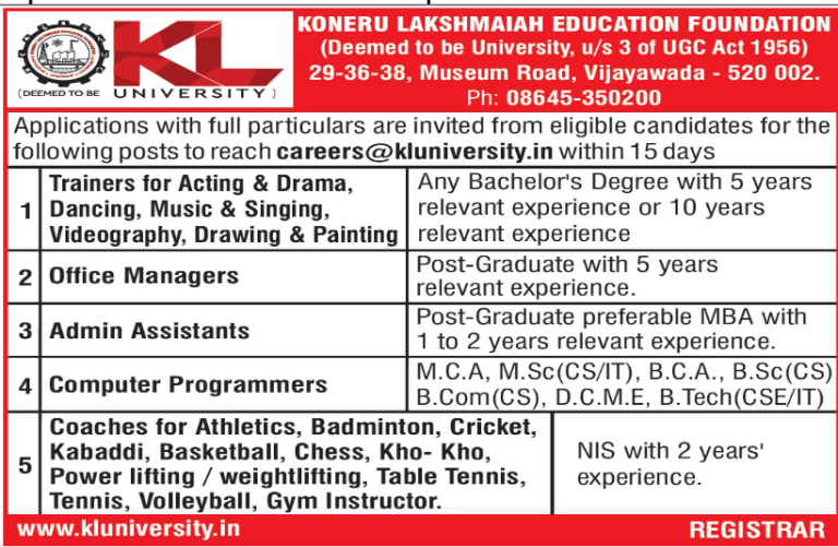 Non-Teaching Jobs at Koneru Lakshmaiah Education Foundation, Vijayawada | FacultyPlus