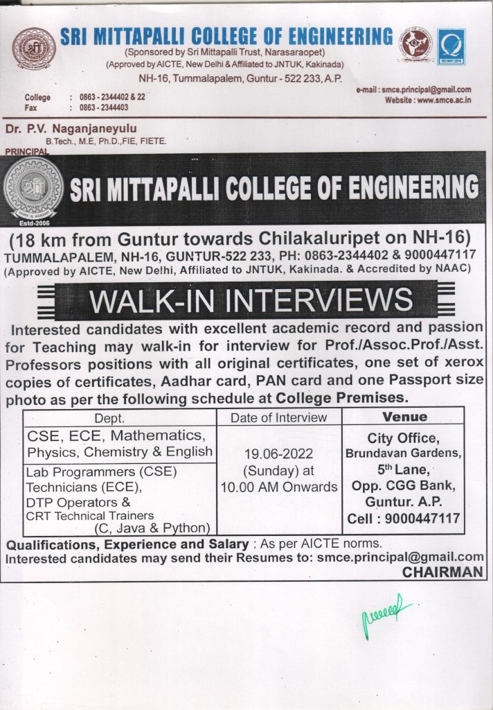 Sri Mittapalli College of Engineering, Guntur Wanted Professor/Associate Professor/Assistant ...
