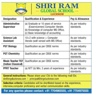Shri Ram Global School, Lucknow Wanted Teachers and Non-Teaching Staff | FacultyPlus