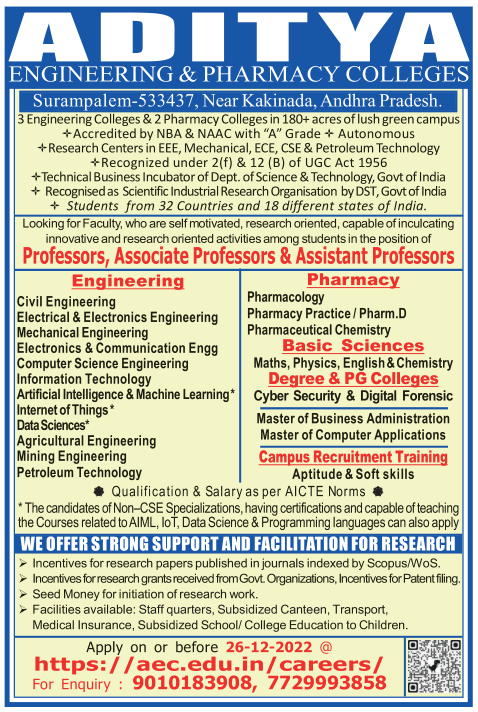 Aditya Engineering and Pharmacy Colleges, Kakinada Wanted Professor/Associate Professor ...