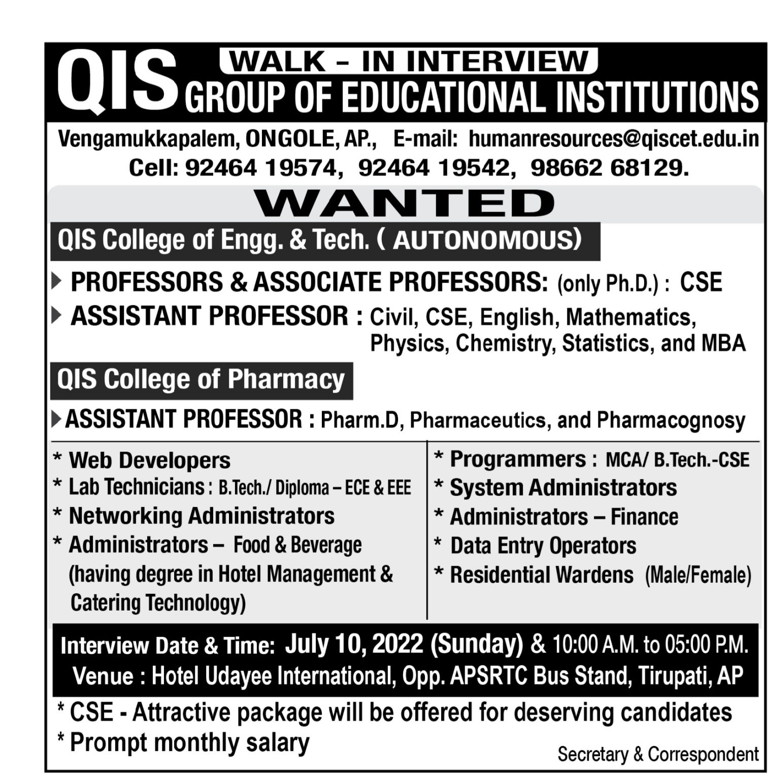 Teaching Jobs/Non-Teaching Jobs at QIS Group of Educational Institutions, Ongole | FacultyPlus