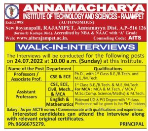 Annamacharya Institute of Technology and Sciences, Annamayya Wanted Professor/ Associate ...