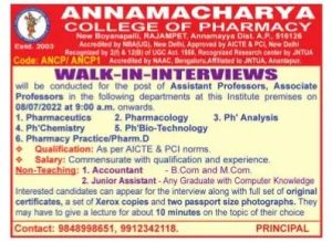 Teaching Jobs/Non-Teaching Jobs at Annamacharya College of Pharmacy, Rajampet | FacultyPlus