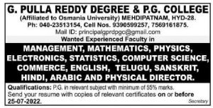 G.Pulla Reddy Degree and PG College, Hyderabad Wanted Faculty | FacultyPlus