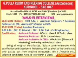 G.Pulla Reddy Engineering College, Kurnool Wanted Assistant Professor/Associate Professor ...