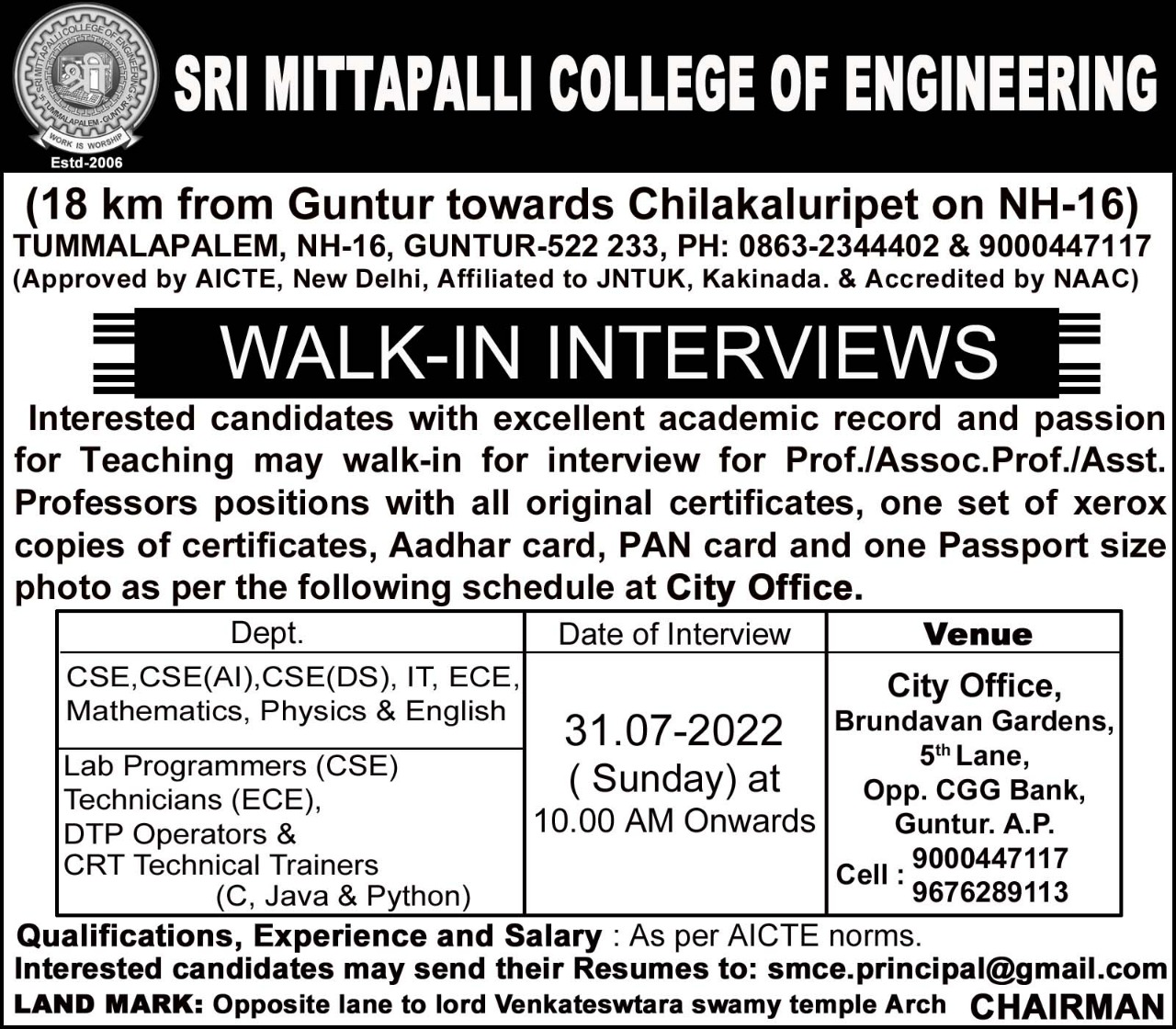 Sri Mittapalli College of Engineering, Guntur Wanted Professor ...