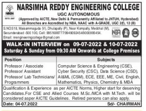 Narsimha Reddy Engineering College, Secunderabad Wanted Professor ...