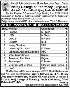 Netaji College of Pharmacy, Dhule, Wanted Principal, HOD, Lecturer, Librarian, Lab Attenders ...