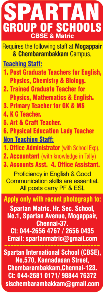 Spartan Group of Schools, Chennai Wanted Teachers and Non-Teaching Staff | FacultyPlus