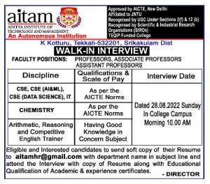 Aditya Institute of Technology and Management, Tekkali Wanted Professor/Associate Professor ...