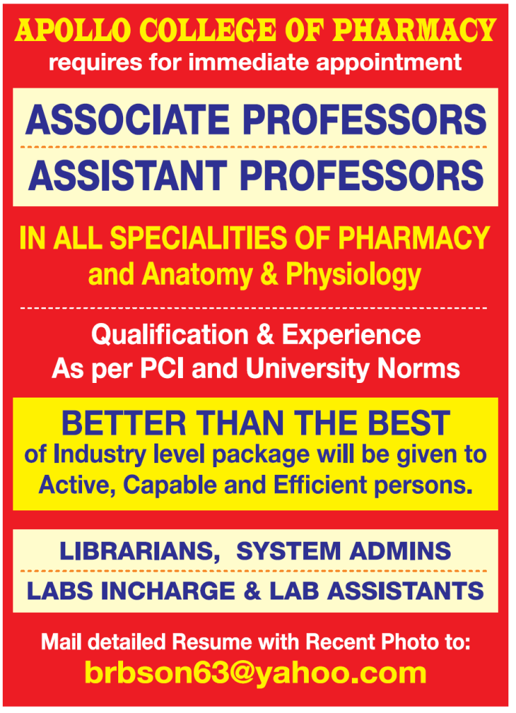 Apollo College of Pharmacy, Chennai Wanted Assistant Professor and ...