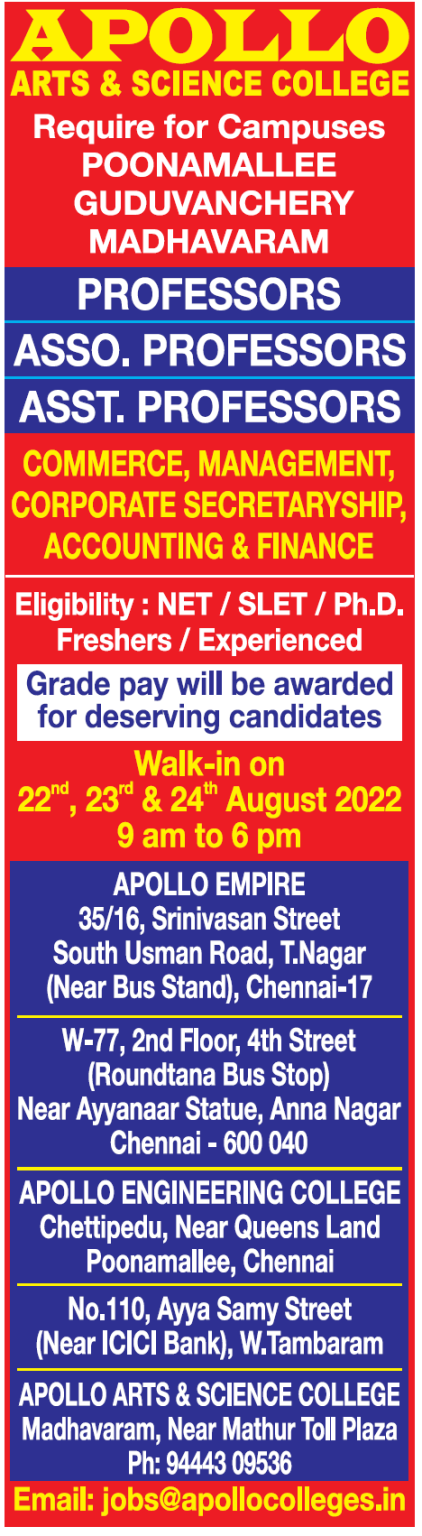 Apollo Arts and Science College, Chennai Wanted Professor/Associate ...