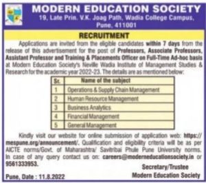 Modern Education Society, Pune Wanted Professor/Associate Professor/Assistant Professor ...