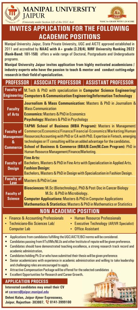 Manipal University, Jaipur Wanted Professor/Associate Professor/Assistant Professor | FacultyPlus