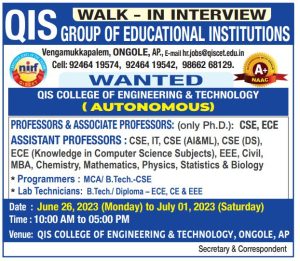 QIS Group of Educational Institutions, Ongole Wanted Professor/Associate Professor/Assistant ...