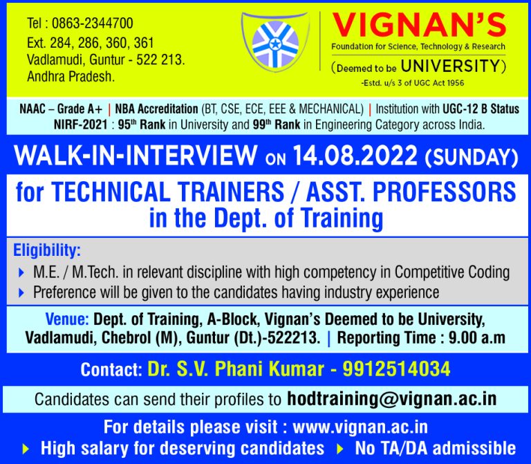 Vignan’s Foundation for Science,Technology and Research- Technical Trainer/Assistant Professor ...