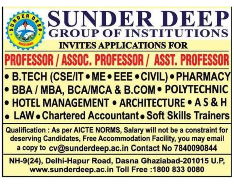 Sunderdeep Group of Institutions, Ghaziabad Wanted Professor/Associate ...